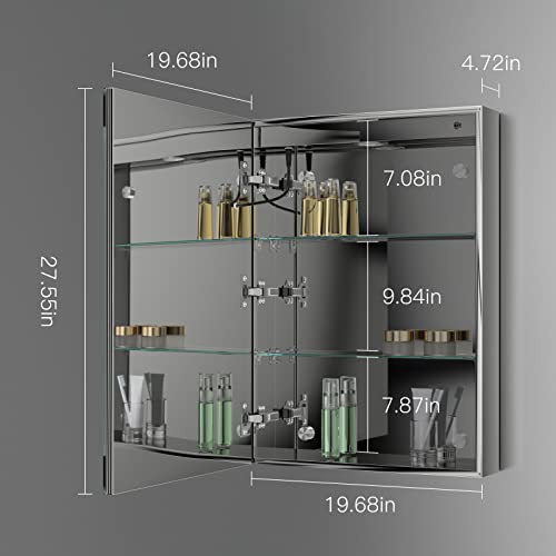 Medicine Cabinet with Lights and Mirror, LED Medicine Cabinet for Bathroom, with Defogger, Dimmer, Clock and Temper Display, Memory Function, 20''X28'', Surface Mounted, Stainless Steel, Left Hinges