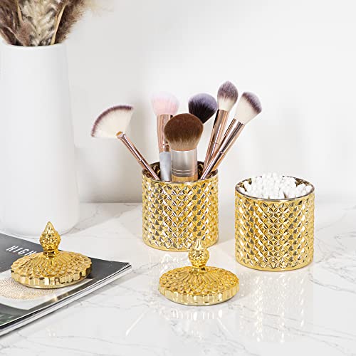 Vnesse Dispenser Apothecary Jars Bathroom - Qtip Holder Storage Canister Clear Glass Jars for Cotton Ball Cotton Swab QTips Cotton Rounds (2 x Gold)