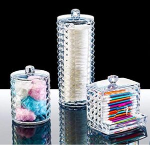 bremen home 3 pack bathroom makeup organizer set, diamond design acrylic plastic cotton ball, cotton pad and q tip holder-vanity organizer-storage containers