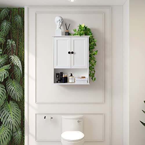 OONNEE White Bathroom Wall Cabinet 24x30 Inch Over Toilet Storage Cabinet Wall Mounted Wooden Bathroom Medicine Cabinet with Adjustable Shelf, 2-Door Wall Hanging Cabinet, Metal Handle, Soft Hinge