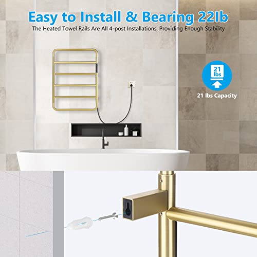 VJASS Towel Warmer for Bathroom,4 Timer Settings,3 Min Fast Heating,Intelligent Automatic Shutdown,Towel Warmers for Bathroom Rack Plug-in/Hardwired (Brushed Gold)