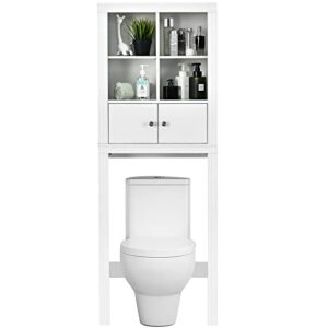 tangkula over the toilet storage cabinet, bathroom space saver organizer w/4 open shelves, 2-door cabinet & adjustable shelves, above toilet stand w/anti-tilt device, freestanding toilet rack (white)