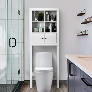 Tangkula Over The Toilet Storage Cabinet, Bathroom Space Saver Organizer w/4 Open Shelves, 2-Door Cabinet & Adjustable Shelves, Above Toilet Stand w/Anti-Tilt Device, Freestanding Toilet Rack (White)