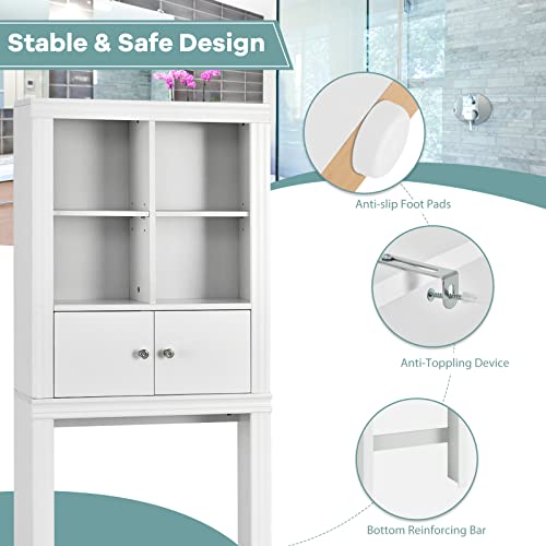 Tangkula Over The Toilet Storage Cabinet, Bathroom Space Saver Organizer w/4 Open Shelves, 2-Door Cabinet & Adjustable Shelves, Above Toilet Stand w/Anti-Tilt Device, Freestanding Toilet Rack (White)