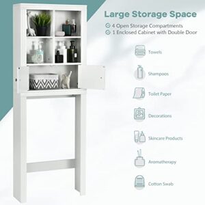 Tangkula Over The Toilet Storage Cabinet, Bathroom Space Saver Organizer w/4 Open Shelves, 2-Door Cabinet & Adjustable Shelves, Above Toilet Stand w/Anti-Tilt Device, Freestanding Toilet Rack (White)