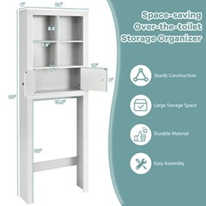 Tangkula Over The Toilet Storage Cabinet, Bathroom Space Saver Organizer w/4 Open Shelves, 2-Door Cabinet & Adjustable Shelves, Above Toilet Stand w/Anti-Tilt Device, Freestanding Toilet Rack (White)