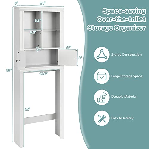 Tangkula Over The Toilet Storage Cabinet, Bathroom Space Saver Organizer w/4 Open Shelves, 2-Door Cabinet & Adjustable Shelves, Above Toilet Stand w/Anti-Tilt Device, Freestanding Toilet Rack (White)