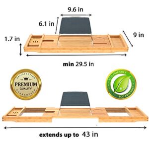 Luxury Bamboo Bathtub Caddy Tray, 1-2 Person SPA Bath and Bed Time, Adjustable Bathroom Bath Tub Organizer with Extending Sides Wine Glass Holder Book or Tablet Stand, Gift Bath Accessories for Women