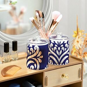 WELLDAY Apothecary Jars Bathroom Storage Organizer with Lid - 14 oz Qtip Holder Storage Canister, Baroque Damask Navy Blue Clear Plastic Jar for Cotton Swab, Cotton Ball, Floss Picks, Makeup Sponges,H