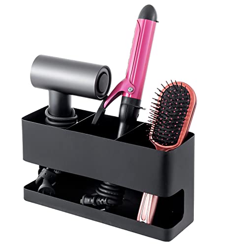 MyGift Wall Mounted Modern Black Metal Hair Tools Organizer with 3 Slots, Salon Styling Accessories Holder Rack for Blow Dryer Straightener Curling Iron