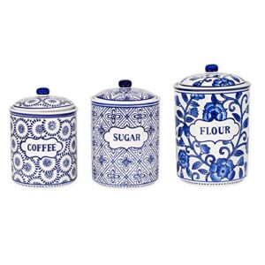 drew derose blue white patterned ceramic 3 pc canister set