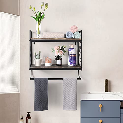 RONGCN 2-Tier Bathroom Shelves with Towel Bar, Over Toilet Storage Rack, 23.6 Inch Industrial Wall Mount Floating Shelf, Solid Wood and Metal Brackets