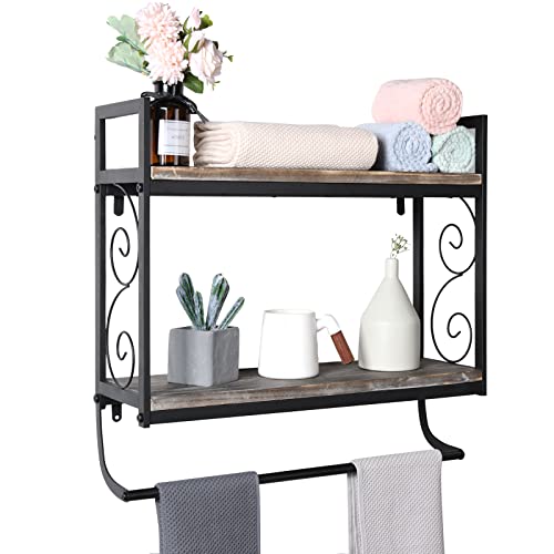 RONGCN 2-Tier Bathroom Shelves with Towel Bar, Over Toilet Storage Rack, 23.6 Inch Industrial Wall Mount Floating Shelf, Solid Wood and Metal Brackets