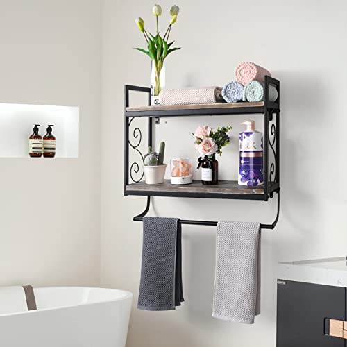 RONGCN 2-Tier Bathroom Shelves with Towel Bar, Over Toilet Storage Rack, 23.6 Inch Industrial Wall Mount Floating Shelf, Solid Wood and Metal Brackets