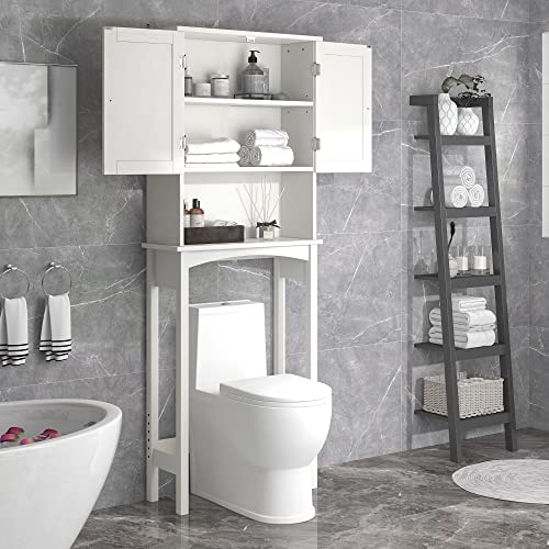 Merax, White Over-The-Toilet Storage, Freestanding Bathroom Cabinet with Two Doors and Adjustable Shelf