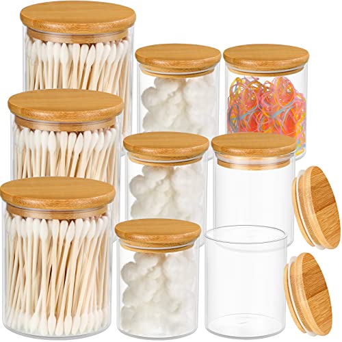 Eccliy 9 Pack Glass Holder Dispenser with Bamboo Lid 20 oz and 10 oz Clear Apothecary Jars Round Cotton Ball Holder Bathroom Canisters for Cotton Swabs Pads Floss Countertop Storage and Organization