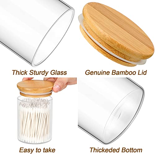 Eccliy 9 Pack Glass Holder Dispenser with Bamboo Lid 20 oz and 10 oz Clear Apothecary Jars Round Cotton Ball Holder Bathroom Canisters for Cotton Swabs Pads Floss Countertop Storage and Organization