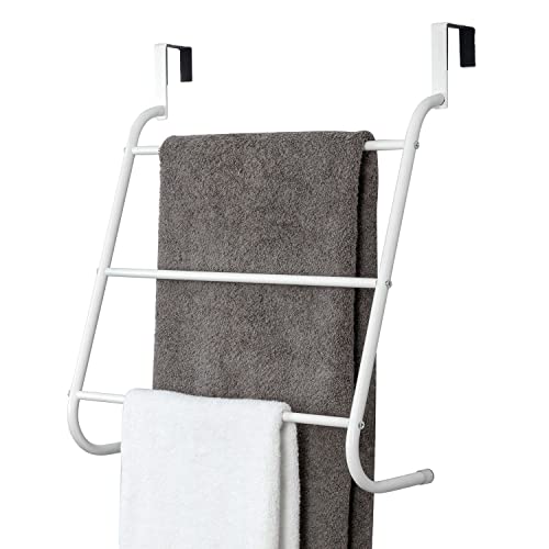 MyGift Modern White Metal 3-Tiered Bars Over-The-Door Bath Towel Holder and Clothing Hanger, Space Saving Bathroom Storage Door Hanging Drying Rack