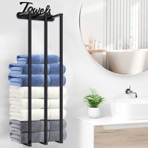 wall mounted towel rack for rolled towels, upgrade 3 bar towel storage rack for bathroom, budo organizer for folded large towel, washcloths, hand towels(black)