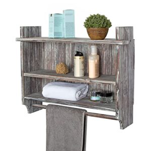 mygift torched wood wall mounted 3 tier bathroom shelf storage display rack with 23-inch towel bar