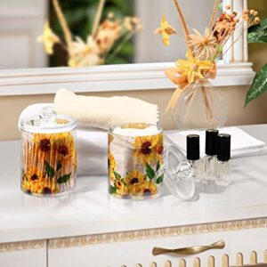 JUMBEAR 2 Pack Sunflower Qtip Holder Dispenser with Lid, 14 oz Clear Plastic Apothecary Jar Set for Bathroom Vanity Organizers Storage Containers