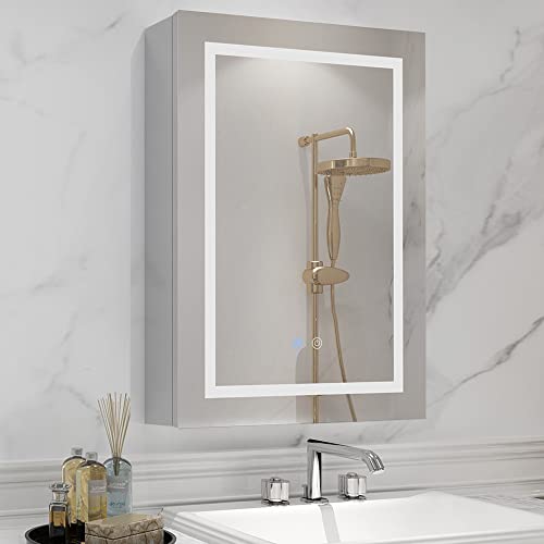 Chende Bathroom Medicine Cabinets with Lights, Stainless Steel Lighted Wall Cabinet with Mirror and Defogger, 20"X28" Bathroom Mirror Cabinet with LED Lights