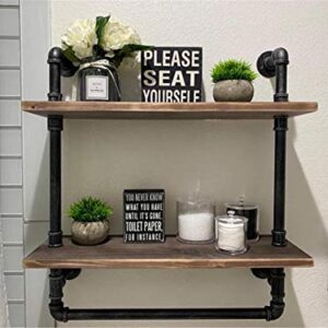 Industrial Bathroom Shelves Wall Mounted 2 Tiered,24in Pipe Shelving Wood Shelf with Towel Bar,Rustic Farmhouse Towel Rack,Metal Floating Shelves Towel Holder,Iron Distressed Shelf Over Toilet