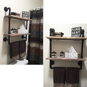 Industrial Bathroom Shelves Wall Mounted 2 Tiered,24in Pipe Shelving Wood Shelf with Towel Bar,Rustic Farmhouse Towel Rack,Metal Floating Shelves Towel Holder,Iron Distressed Shelf Over Toilet