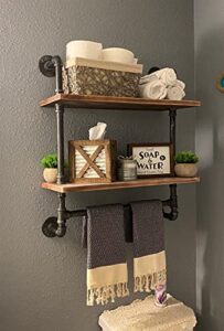 sss furniture industrial pipe shelving bathroom floating shelves wall mounted, 2 tier 24 inch rustic wood shelf with towel bar, farmhouse towel rack bathroom shelf over toilet