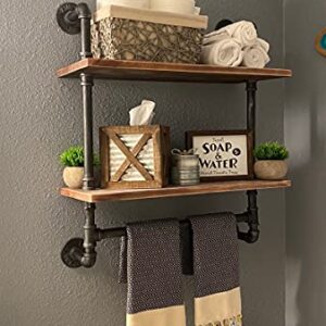 SSS Furniture Industrial Pipe Shelving Bathroom Floating Shelves Wall Mounted, 2 Tier 24 inch Rustic Wood Shelf with Towel Bar, Farmhouse Towel Rack Bathroom Shelf Over Toilet