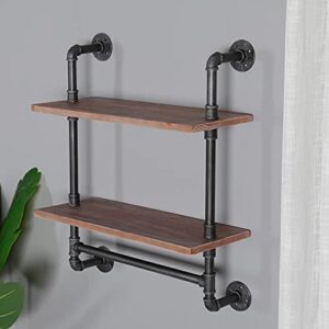 SSS Furniture Industrial Pipe Shelving Bathroom Floating Shelves Wall Mounted, 2 Tier 24 inch Rustic Wood Shelf with Towel Bar, Farmhouse Towel Rack Bathroom Shelf Over Toilet