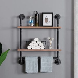 SSS Furniture Industrial Pipe Shelving Bathroom Floating Shelves Wall Mounted, 2 Tier 24 inch Rustic Wood Shelf with Towel Bar, Farmhouse Towel Rack Bathroom Shelf Over Toilet