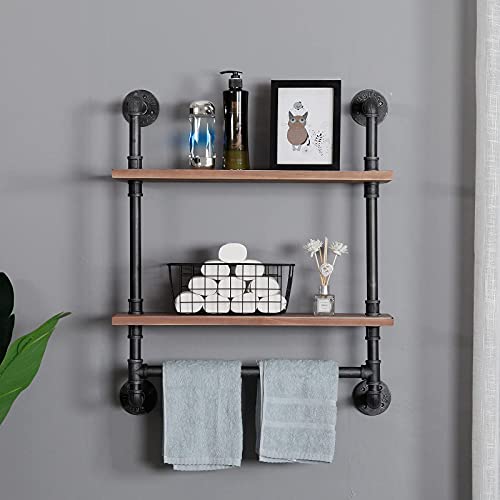 SSS Furniture Industrial Pipe Shelving Bathroom Floating Shelves Wall Mounted, 2 Tier 24 inch Rustic Wood Shelf with Towel Bar, Farmhouse Towel Rack Bathroom Shelf Over Toilet