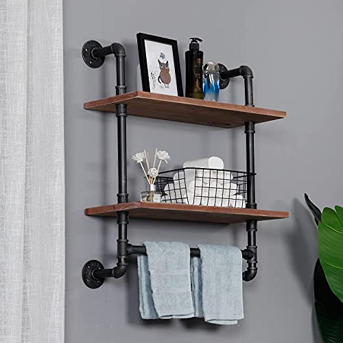 SSS Furniture Industrial Pipe Shelving Bathroom Floating Shelves Wall Mounted, 2 Tier 24 inch Rustic Wood Shelf with Towel Bar, Farmhouse Towel Rack Bathroom Shelf Over Toilet