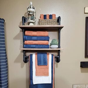 SSS Furniture Industrial Pipe Shelving Bathroom Floating Shelves Wall Mounted, 2 Tier 24 inch Rustic Wood Shelf with Towel Bar, Farmhouse Towel Rack Bathroom Shelf Over Toilet