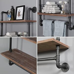 SSS Furniture Industrial Pipe Shelving Bathroom Floating Shelves Wall Mounted, 2 Tier 24 inch Rustic Wood Shelf with Towel Bar, Farmhouse Towel Rack Bathroom Shelf Over Toilet