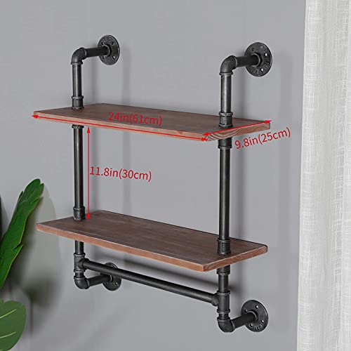 SSS Furniture Industrial Pipe Shelving Bathroom Floating Shelves Wall Mounted, 2 Tier 24 inch Rustic Wood Shelf with Towel Bar, Farmhouse Towel Rack Bathroom Shelf Over Toilet