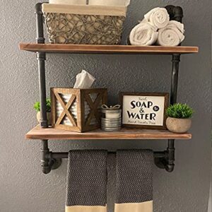 SSS Furniture Industrial Pipe Shelving Bathroom Floating Shelves Wall Mounted, 2 Tier 24 inch Rustic Wood Shelf with Towel Bar, Farmhouse Towel Rack Bathroom Shelf Over Toilet