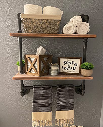 SSS Furniture Industrial Pipe Shelving Bathroom Floating Shelves Wall Mounted, 2 Tier 24 inch Rustic Wood Shelf with Towel Bar, Farmhouse Towel Rack Bathroom Shelf Over Toilet