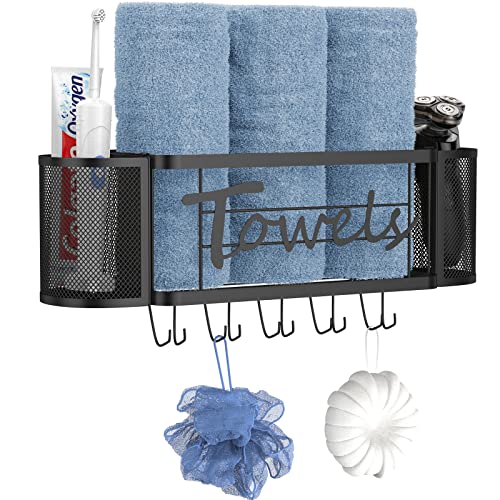 Roylvan Towel Rack for Bathroom, Wall Mount Towel Holder with Detachable Hooks and Side Pocket, No Drilling/Drilling, Rustproof Stainless Steel Shower Caddy Holder for Bathroom Storage Organizer,Black