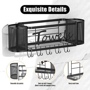 Roylvan Towel Rack for Bathroom, Wall Mount Towel Holder with Detachable Hooks and Side Pocket, No Drilling/Drilling, Rustproof Stainless Steel Shower Caddy Holder for Bathroom Storage Organizer,Black