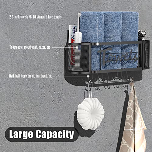 Roylvan Towel Rack for Bathroom, Wall Mount Towel Holder with Detachable Hooks and Side Pocket, No Drilling/Drilling, Rustproof Stainless Steel Shower Caddy Holder for Bathroom Storage Organizer,Black