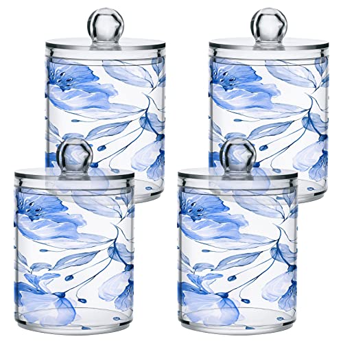 Kigai Blue Flowers Qtip Holder - 14OZ Clear Plastic Apothecary Jars Bathroom Canister Dispenser Organizer Vanity Storage Jar with Lid for Cotton Ball, Cotton Swab, Floss (2PACK)