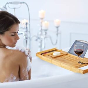 RoyalHouse Bamboo Bathtub Caddy Tray, Expandable Bath Table Over Tub with Glass Book, Adjustable Organizer Tray for Bathroom, Wine and Phone Holder, Ideal Gift for Family & Friends (Pack 2)