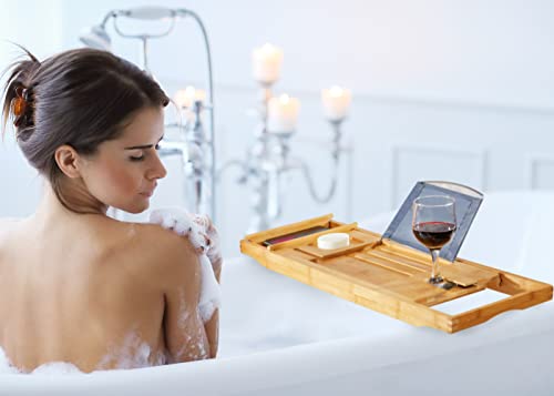 RoyalHouse Bamboo Bathtub Caddy Tray, Expandable Bath Table Over Tub with Glass Book, Adjustable Organizer Tray for Bathroom, Wine and Phone Holder, Ideal Gift for Family & Friends (Pack 2)