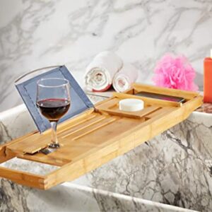 RoyalHouse Bamboo Bathtub Caddy Tray, Expandable Bath Table Over Tub with Glass Book, Adjustable Organizer Tray for Bathroom, Wine and Phone Holder, Ideal Gift for Family & Friends (Pack 2)