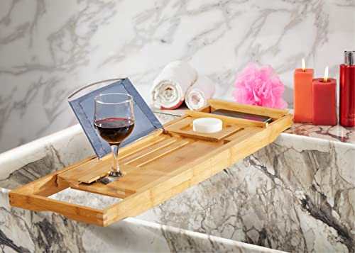 RoyalHouse Bamboo Bathtub Caddy Tray, Expandable Bath Table Over Tub with Glass Book, Adjustable Organizer Tray for Bathroom, Wine and Phone Holder, Ideal Gift for Family & Friends (Pack 2)