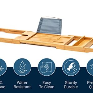 RoyalHouse Bamboo Bathtub Caddy Tray, Expandable Bath Table Over Tub with Glass Book, Adjustable Organizer Tray for Bathroom, Wine and Phone Holder, Ideal Gift for Family & Friends (Pack 2)