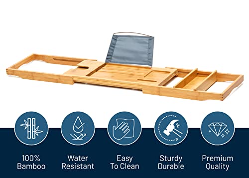 RoyalHouse Bamboo Bathtub Caddy Tray, Expandable Bath Table Over Tub with Glass Book, Adjustable Organizer Tray for Bathroom, Wine and Phone Holder, Ideal Gift for Family & Friends (Pack 2)