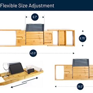 RoyalHouse Bamboo Bathtub Caddy Tray, Expandable Bath Table Over Tub with Glass Book, Adjustable Organizer Tray for Bathroom, Wine and Phone Holder, Ideal Gift for Family & Friends (Pack 2)